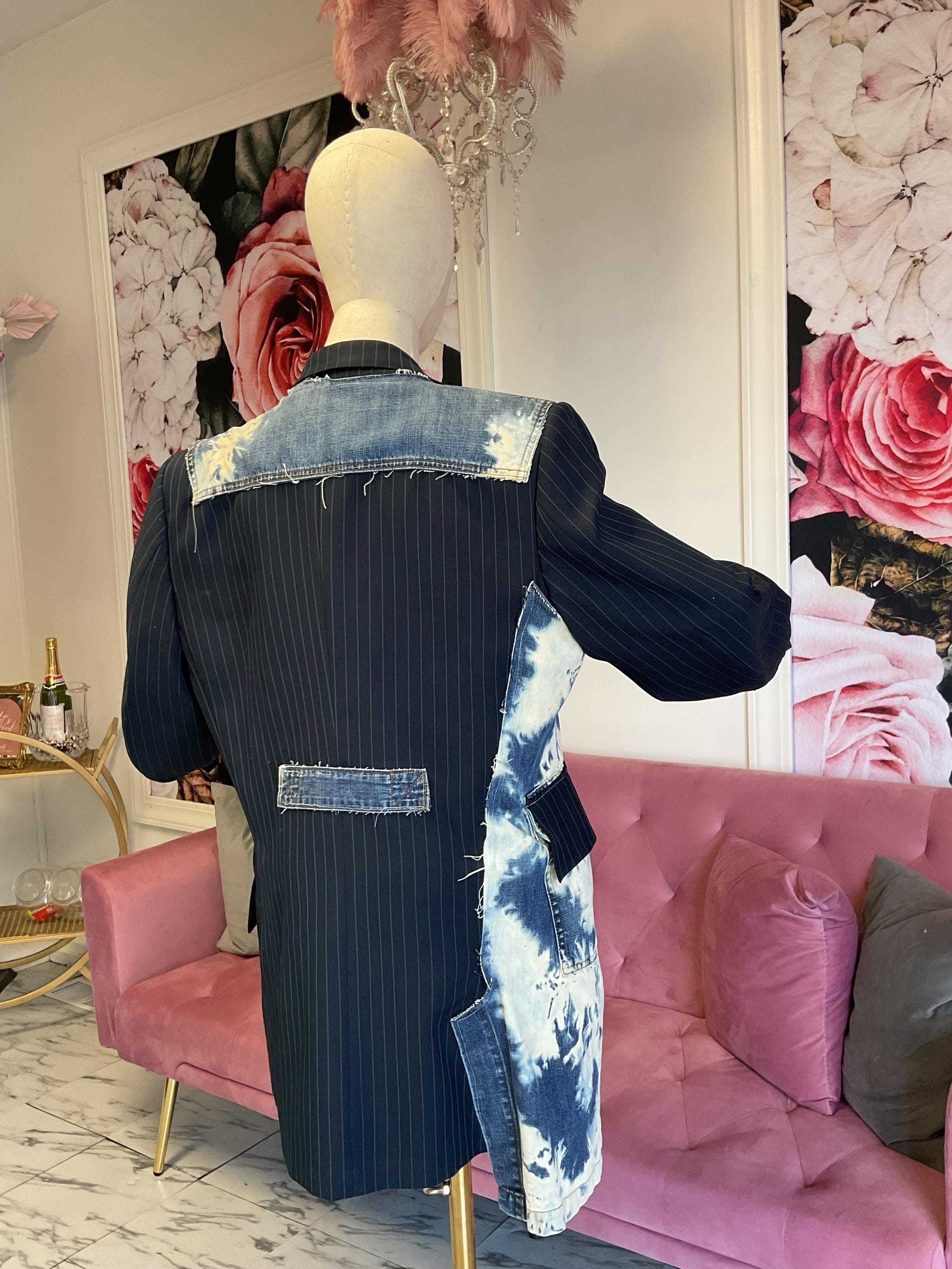 Custom Made Repurposed Navy Blue Wide Pinstriped Vintage Suit Coat ...