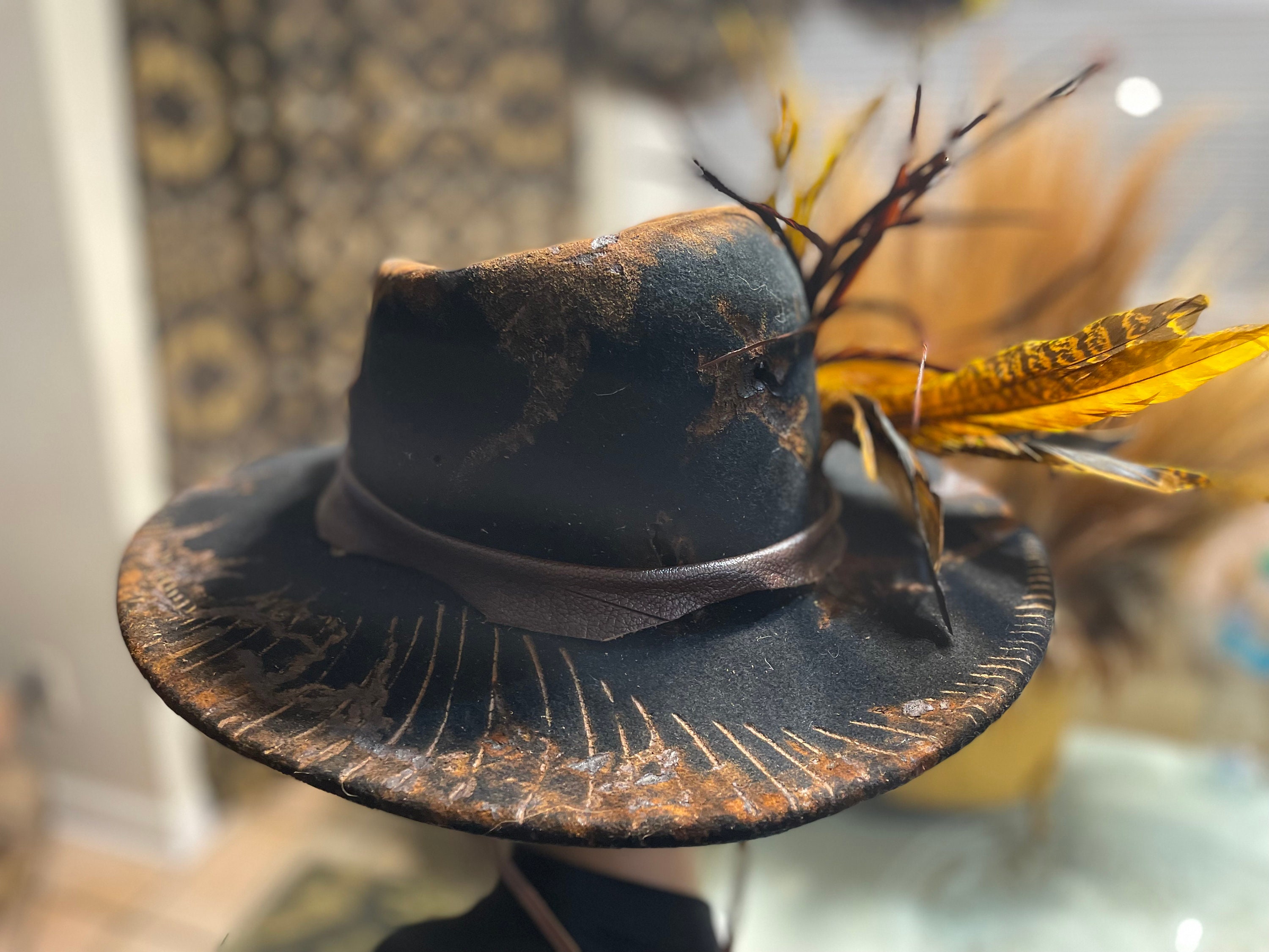 Wool Felt Fedora Hat, Burnt Distressed Style With Exotic Feathers - Etsy