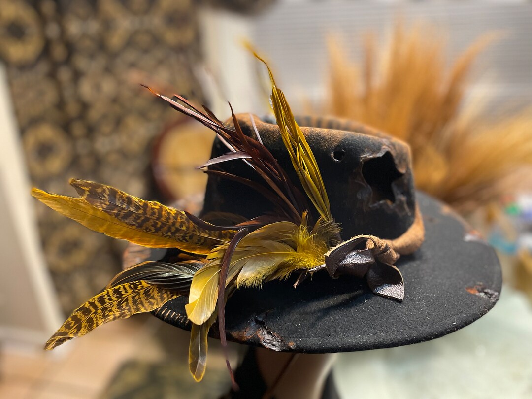 Wool Felt Fedora Hat, Burnt Distressed Style With Exotic Feathers - Etsy