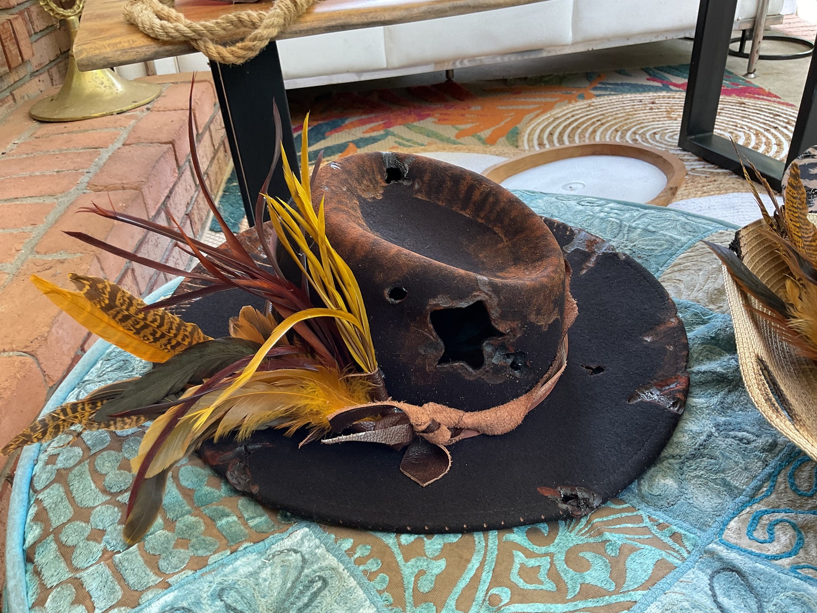 Wool Felt Fedora Hat, Burnt Distressed Style With Exotic Feathers - Etsy