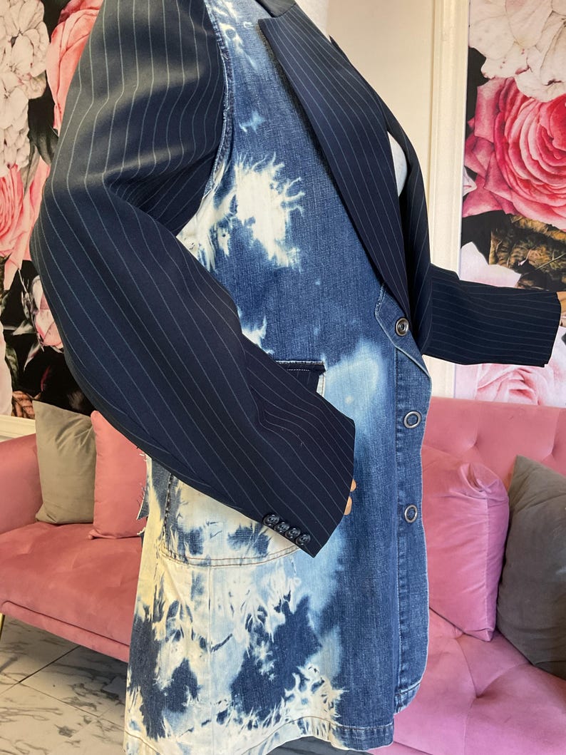 Custom Made Repurposed Navy Blue Wide Pinstriped Vintage Suit Coat ...