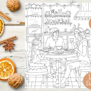 Adult Coloring Page Cozy Christmas Morning Family Breakfast Instant ...