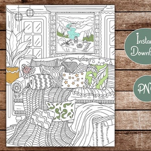 Hygge Coloring Page for Adults Cozy Home Interior Design Boho and ...
