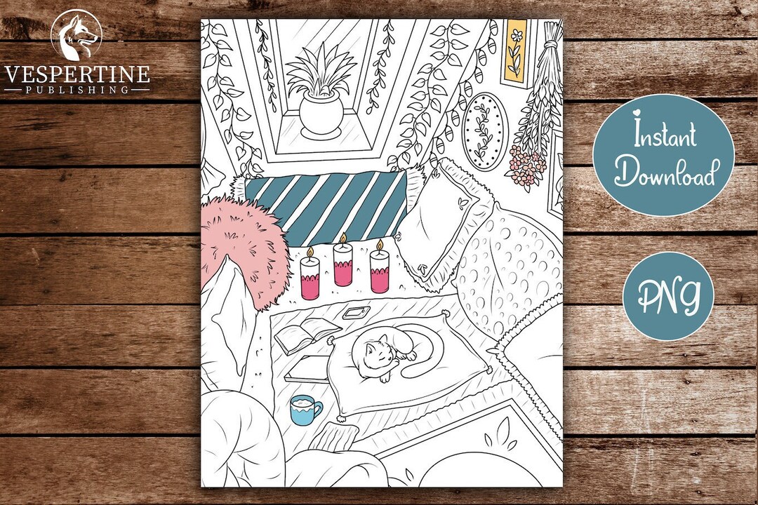 Cozy Loft Coloring Page for Adults | Cute Home Interior Design Boho and ...