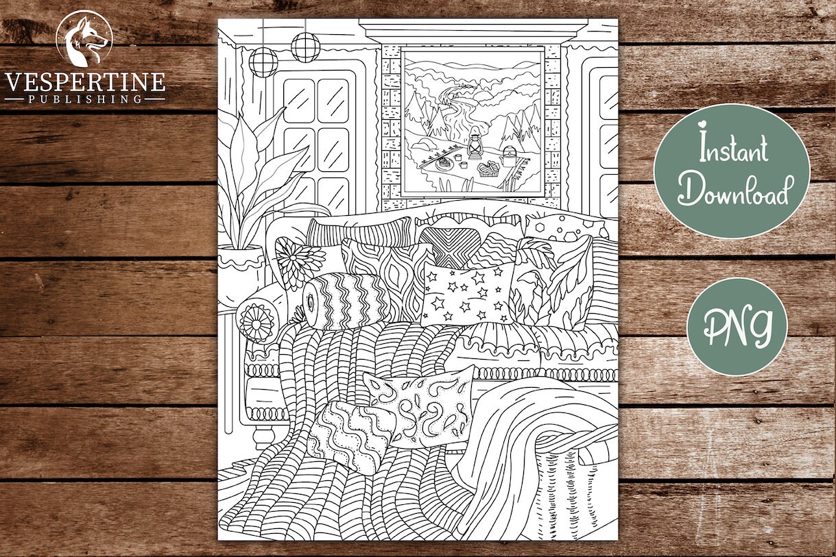 Hygge Coloring Page Cozy Home Interior Design Boho and Nordic Living ...