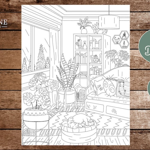 Hygge Coloring Page Cozy Home Interior Design Boho and - Etsy