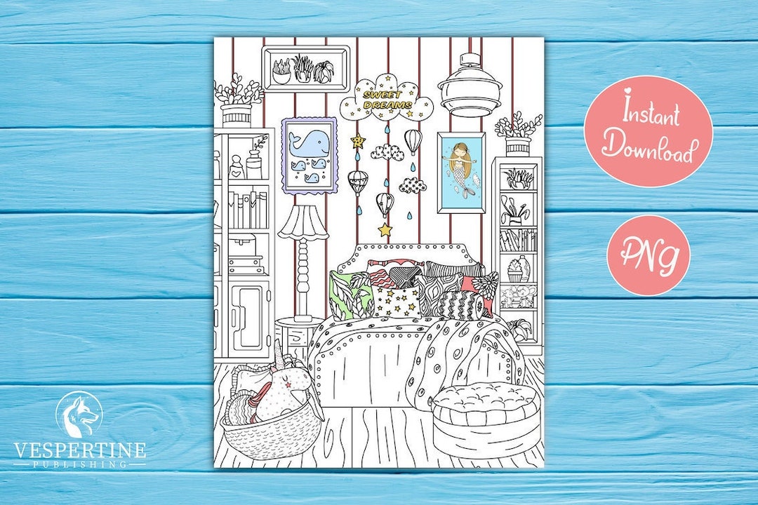Hygge Coloring Page | Kids Bedroom | Cozy Home Interior Design Boho and ...