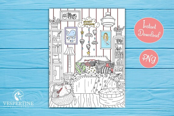 Hygge Coloring Page Kids Bedroom Cozy Home Interior Design - Etsy