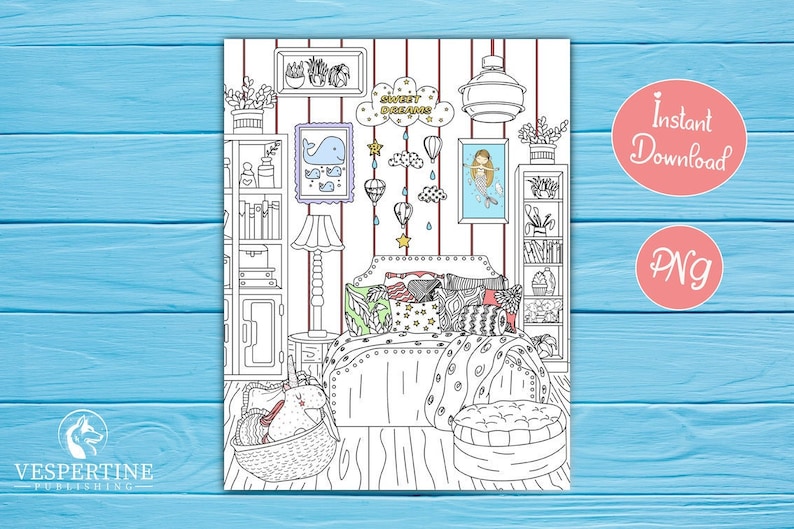 Hygge Coloring Page Kids Bedroom Cozy Home Interior Design - Etsy