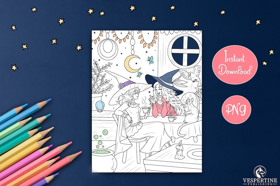 Halloween Coloring Page for Adults | Witches Tea Party | Magic Cauldron ...