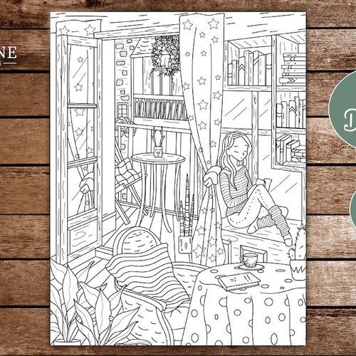 Hygge Coloring Page Cozy Home Interior Design Boho and - Etsy