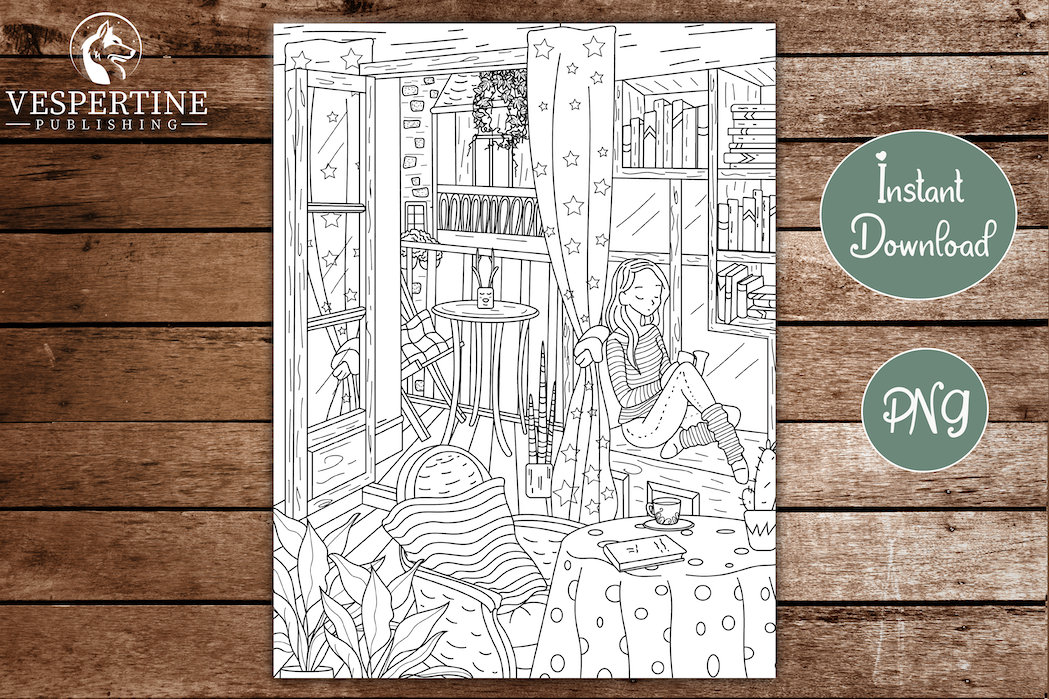 Hygge Coloring Page Cozy Home Interior Design Boho and Nordic Girl ...