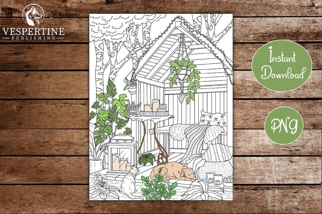 Country Garden Coloring Page | Cozy Pergola With a Sleepy Dog | Plant ...