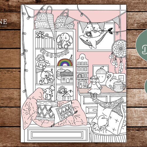 Hygge Coloring Page Cozy Home Interior Design Boho and - Etsy