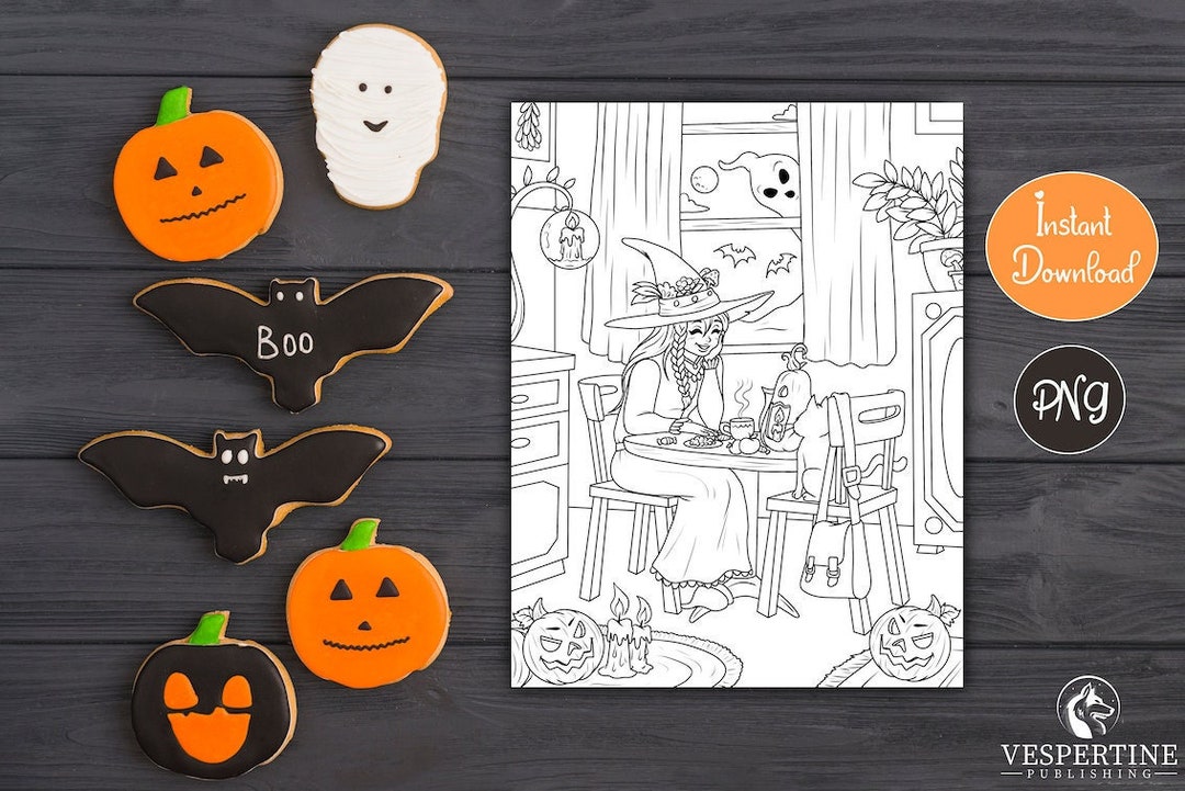 Halloween Coloring Page for Adults | Cute Witch and Cat Tea Party ...