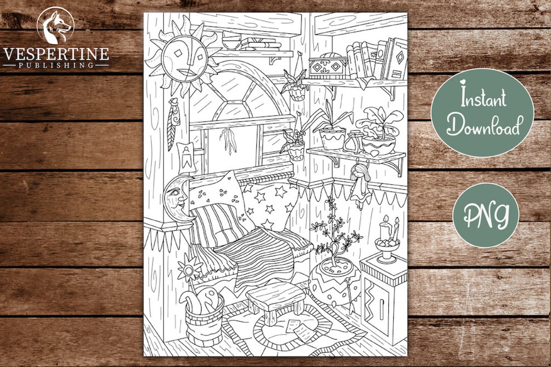Hygge Coloring Page for Adults | Cozy Home Interior Design Boho and ...