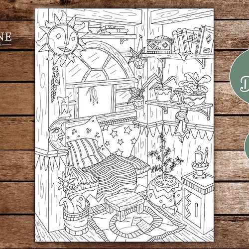 Hygge Coloring Page for Adults Cozy Home Interior Design - Etsy