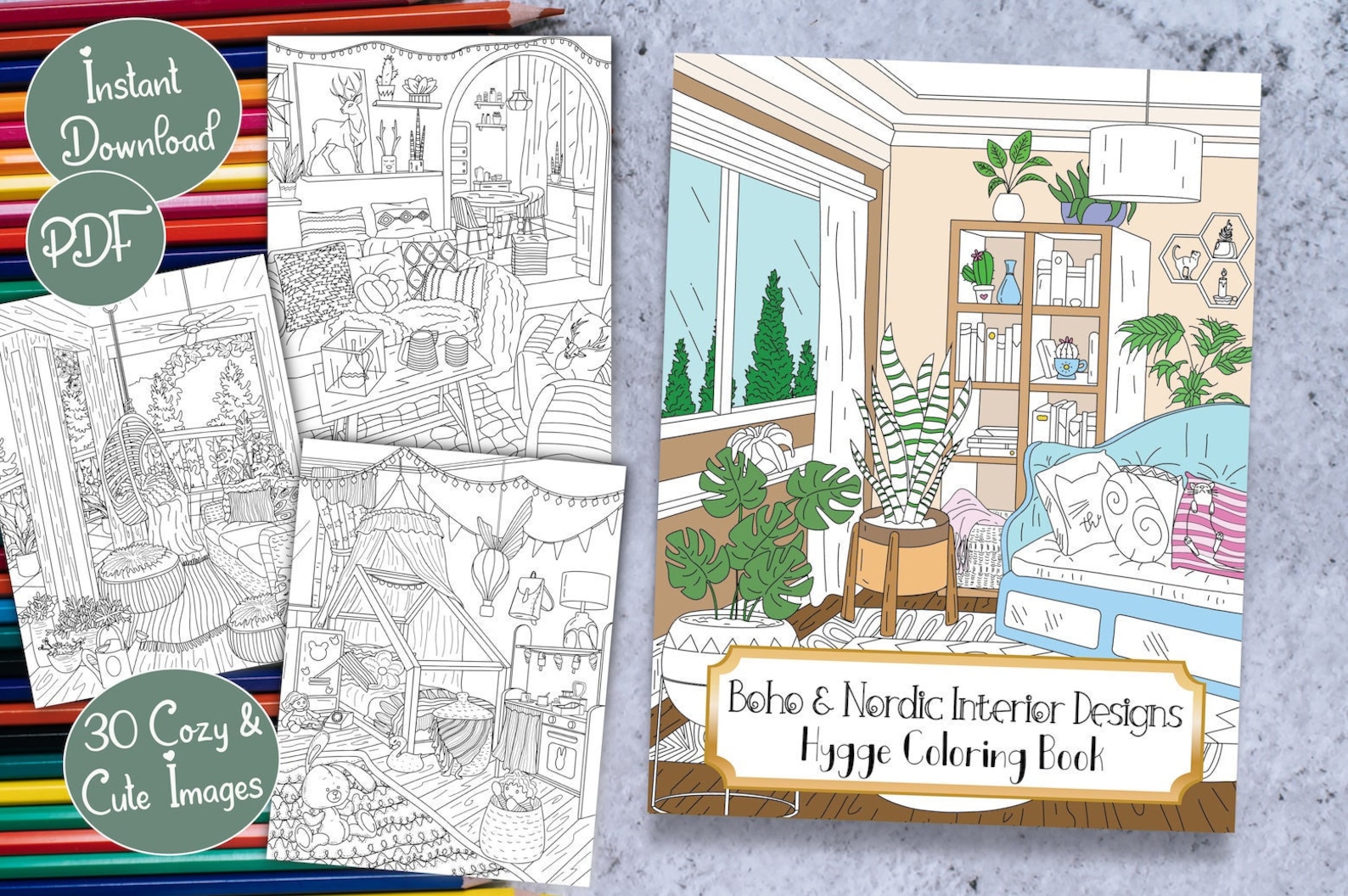 Hygge Coloring Book for Adults | Boho and Nordic Interior Designs | 30 ...