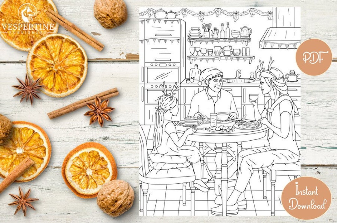 Adult Coloring Page | Cozy Christmas Morning | Family Breakfast ...