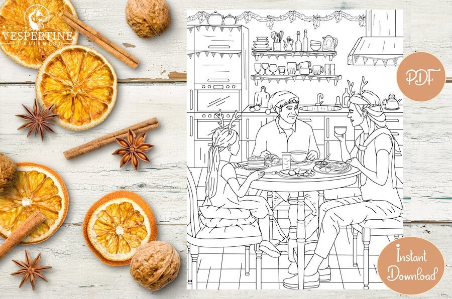 Adult Coloring Page | Cozy Christmas Morning | Family Breakfast ...