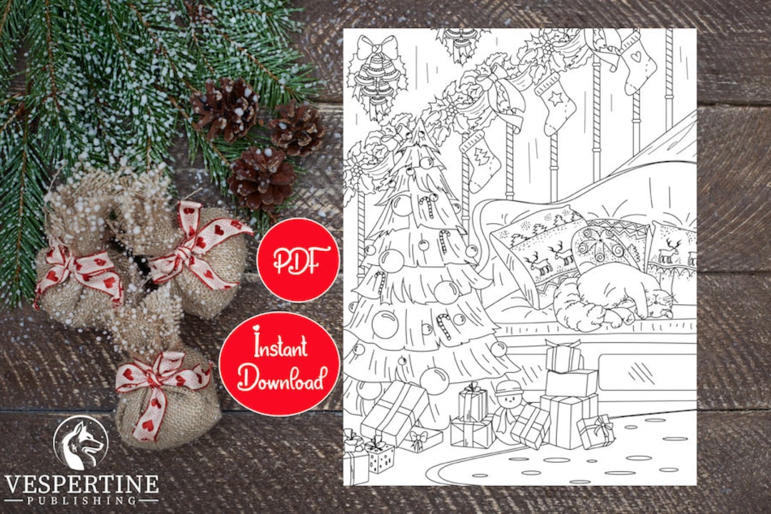 Adult Christmas Coloring Page | Cozy Living Room | Sleepy Cat ...