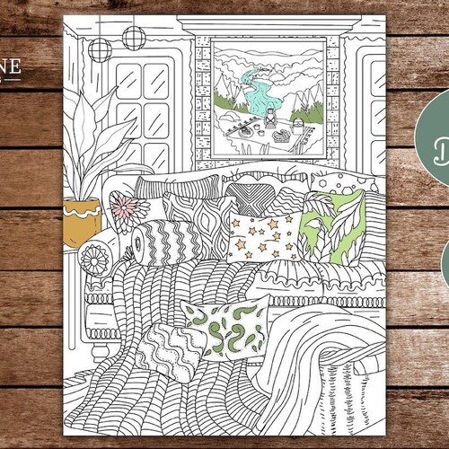 Hygge Coloring Page Cozy Home Interior Design Boho and - Etsy