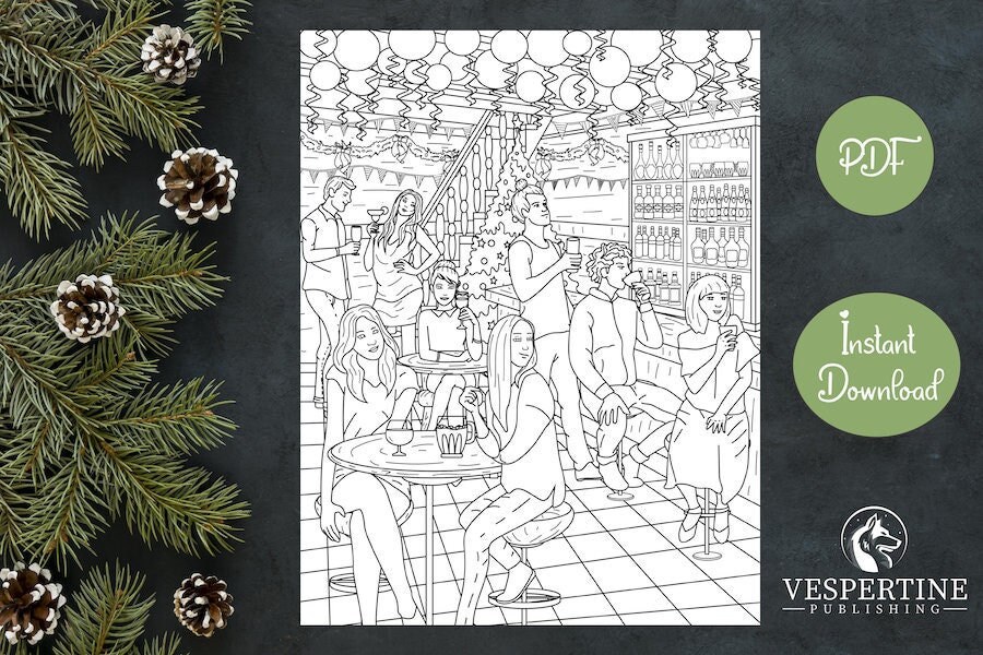 Adult Coloring Page | New Year Party Celebration | Traditional English ...