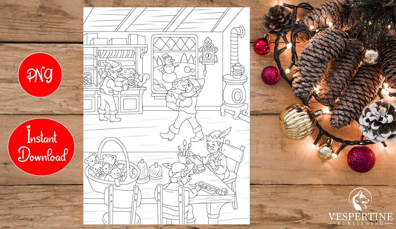 Christmas Coloring Page for Kids and Adults | Santa's Workshop | Elves ...