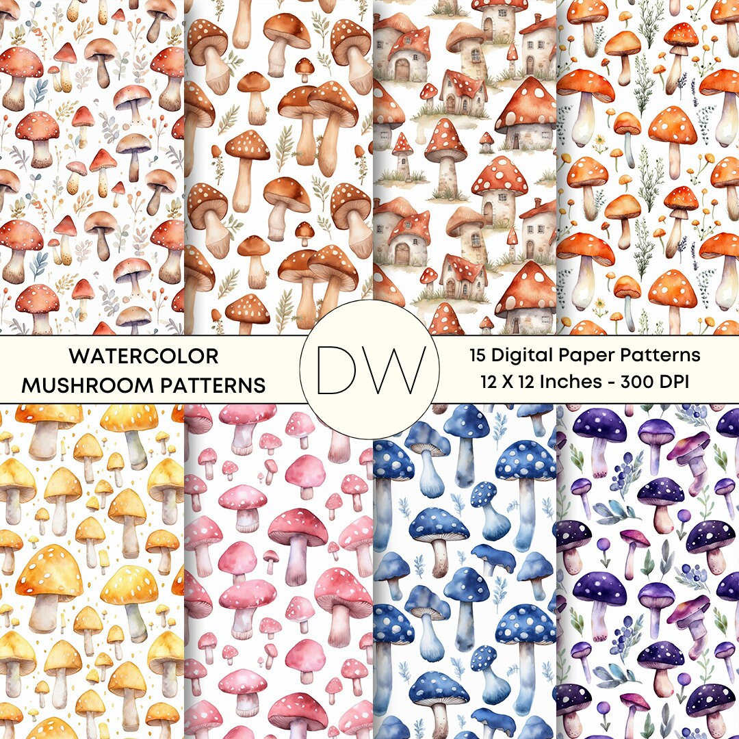 15 Boho Seamless Digital Paper Mushroom Patterns, Watercolor Mushrooms ...