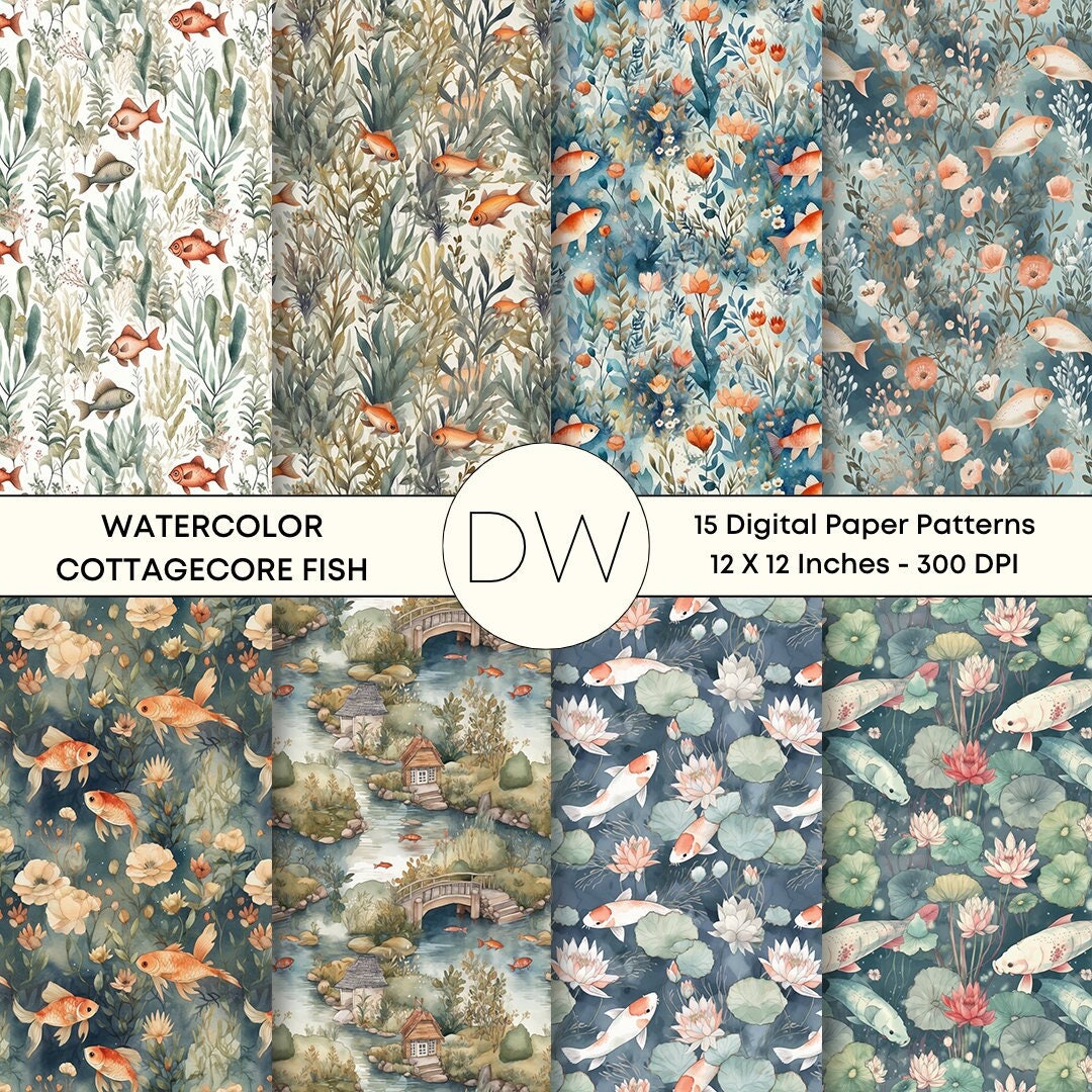 15 Boho Seamless Digital Paper Fish Patterns, Watercolor Style ...