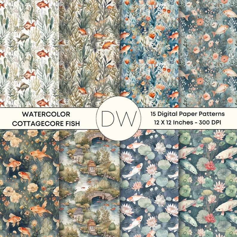 15 Boho Seamless Digital Paper Fish Patterns, Watercolor Style ...