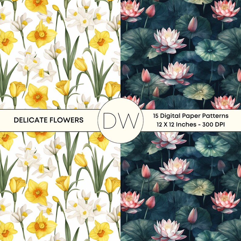 15 Boho Seamless Digital Paper Flower Patterns, Watercolour Flowers ...