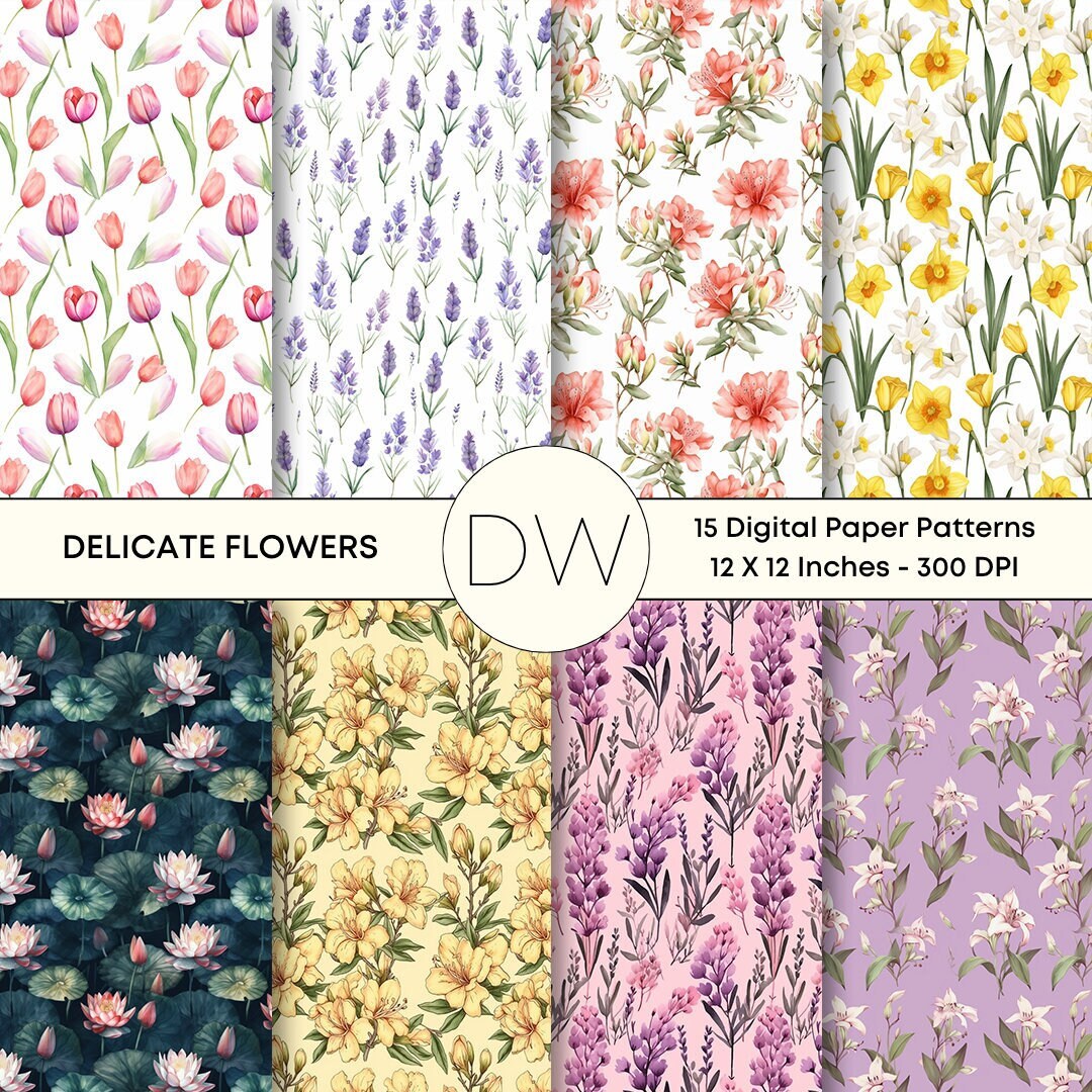 15 Boho Seamless Digital Paper Flower Patterns, Watercolour Flowers ...