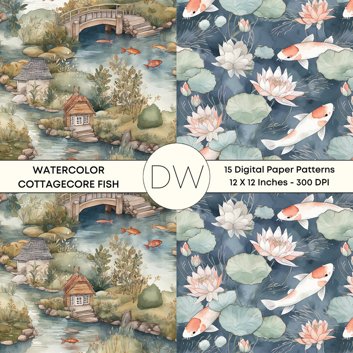 15 Boho Seamless Digital Paper Fish Patterns, Watercolor Style ...