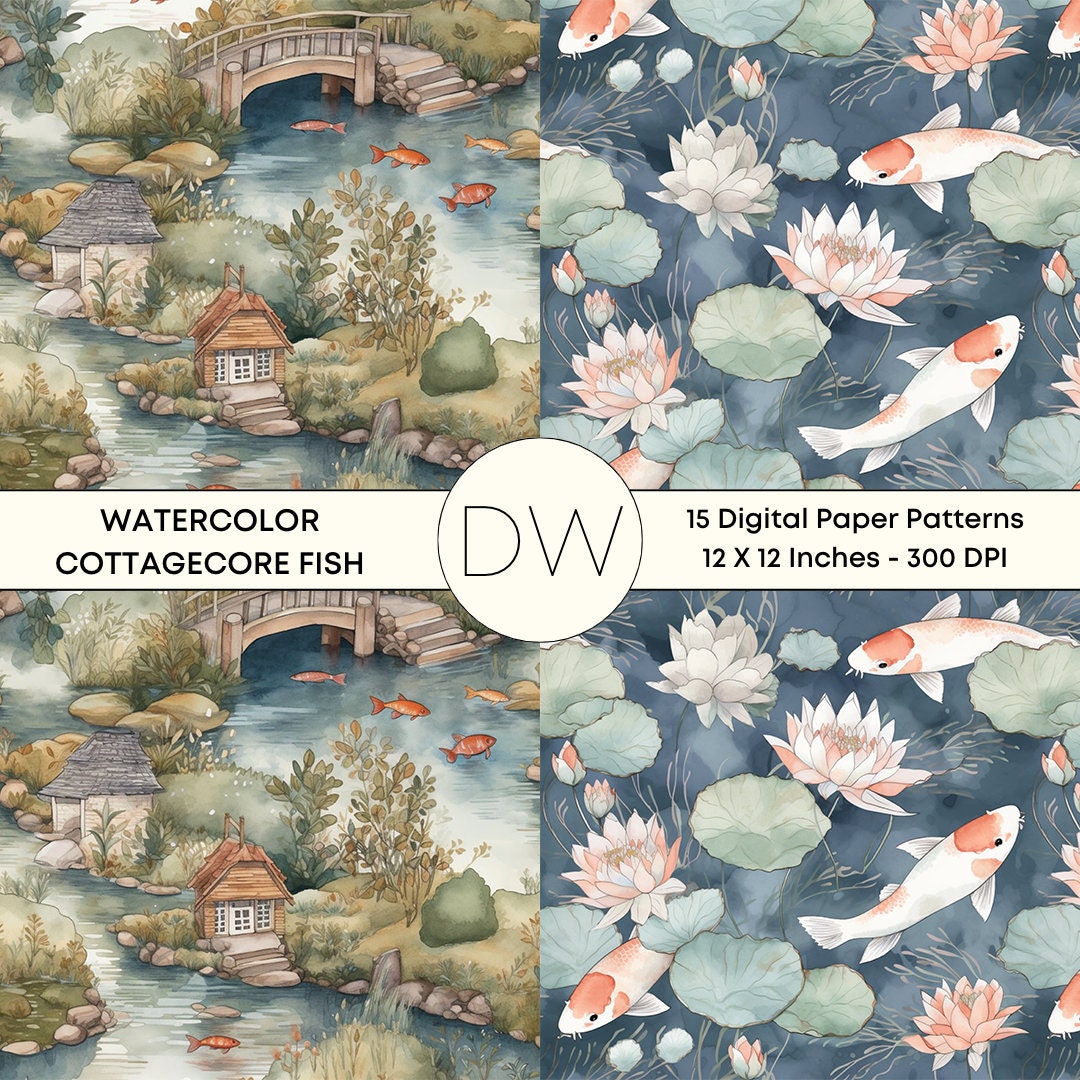 15 Boho Seamless Digital Paper Fish Patterns, Watercolor Style ...