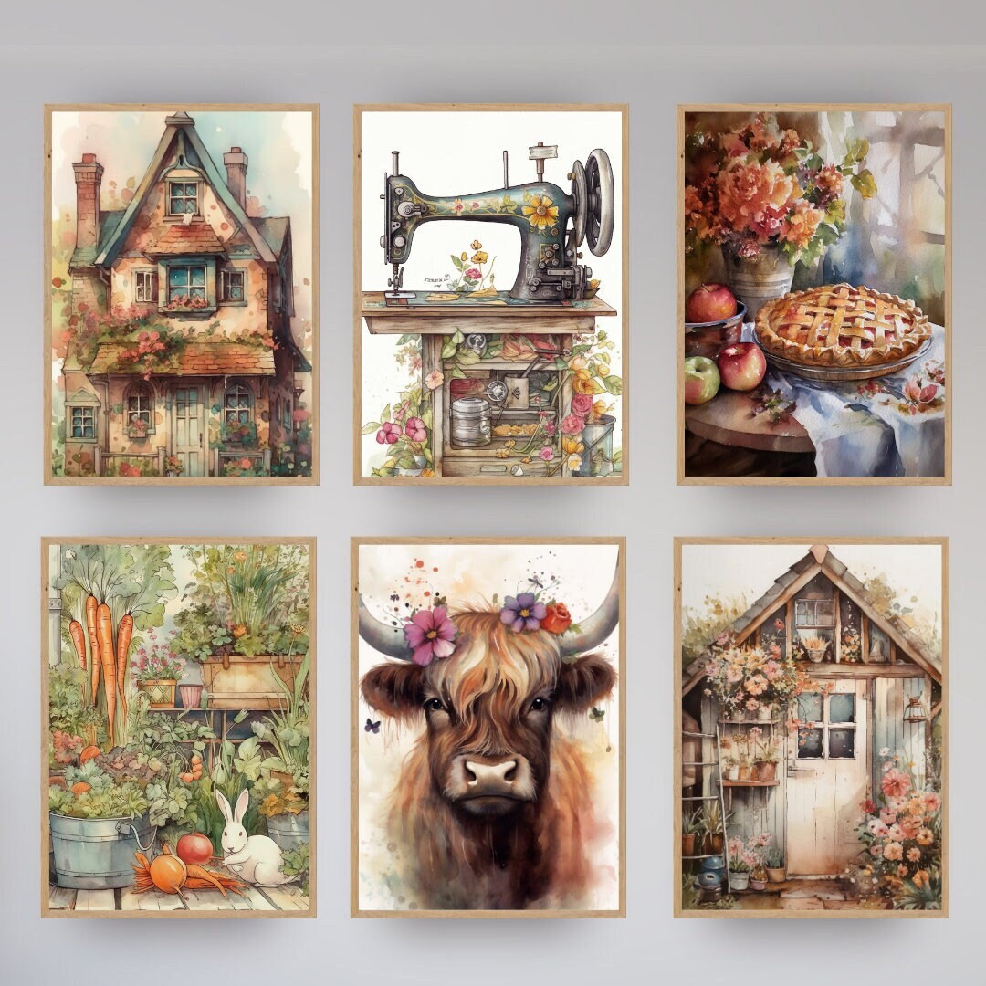 Cottagecore Wall Art, Set of 6 Prints, Watercolor Style, Floral Garden ...