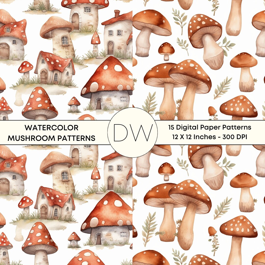 15 Boho Seamless Digital Paper Mushroom Patterns, Watercolor Mushrooms ...