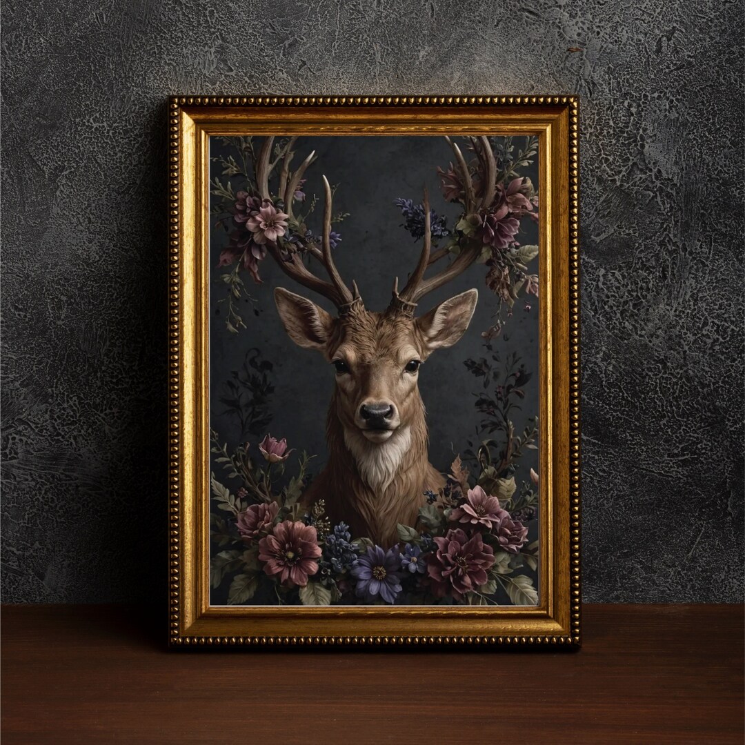 Stag With Flowers Dark Cottagecore Print, Dark Academia Decor ...