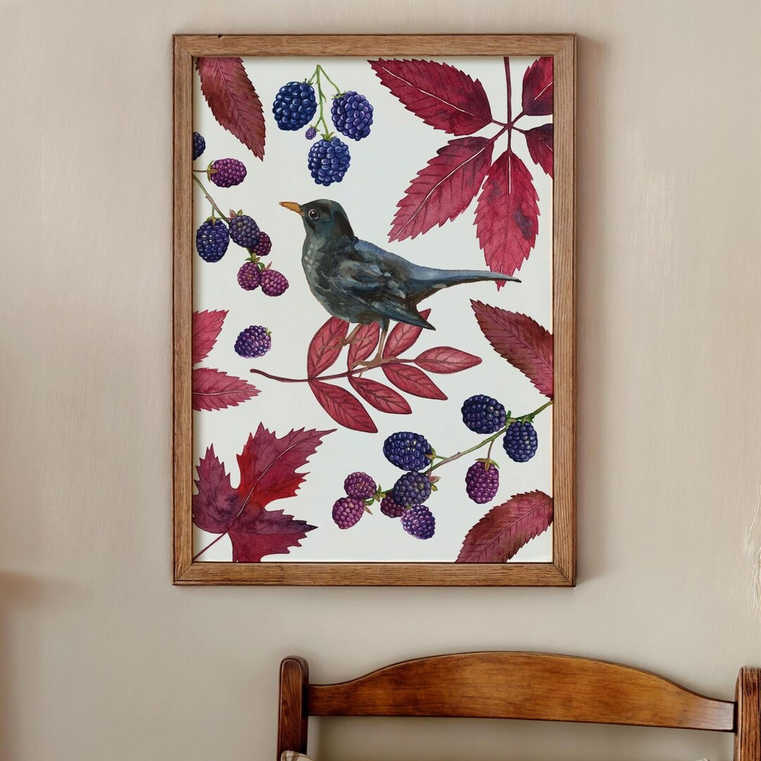 Autumn Bramble Blackbird Art Print Cottagecore Fall Wall Art Country ...
