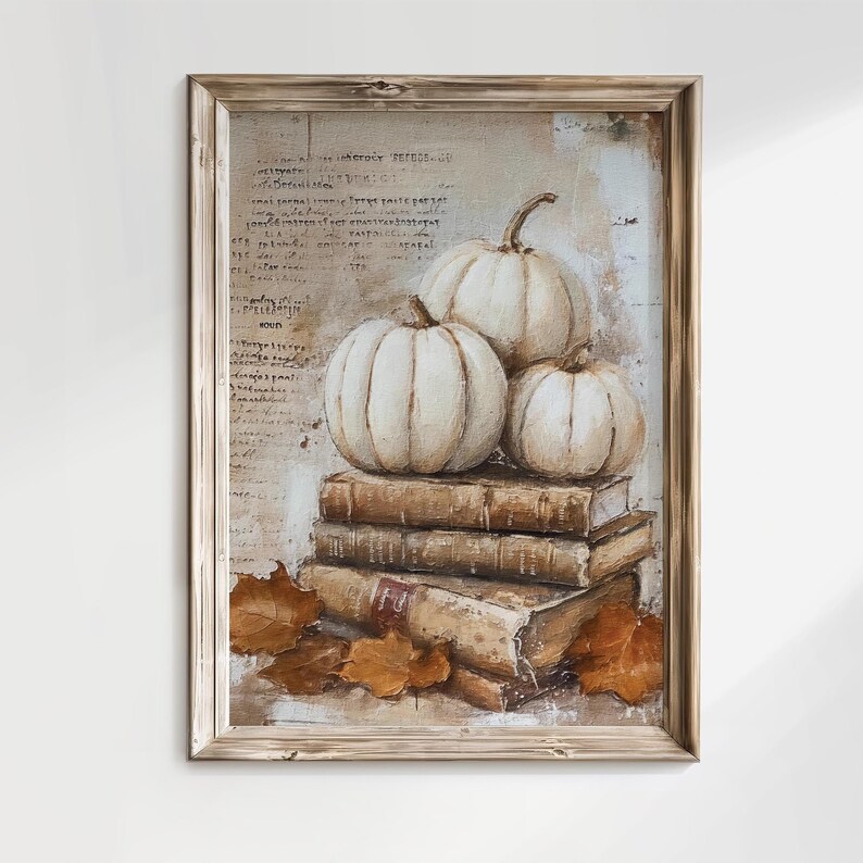 Cottagecore Pumpkins and Books Art Print White Autumn Pumpkins Book ...