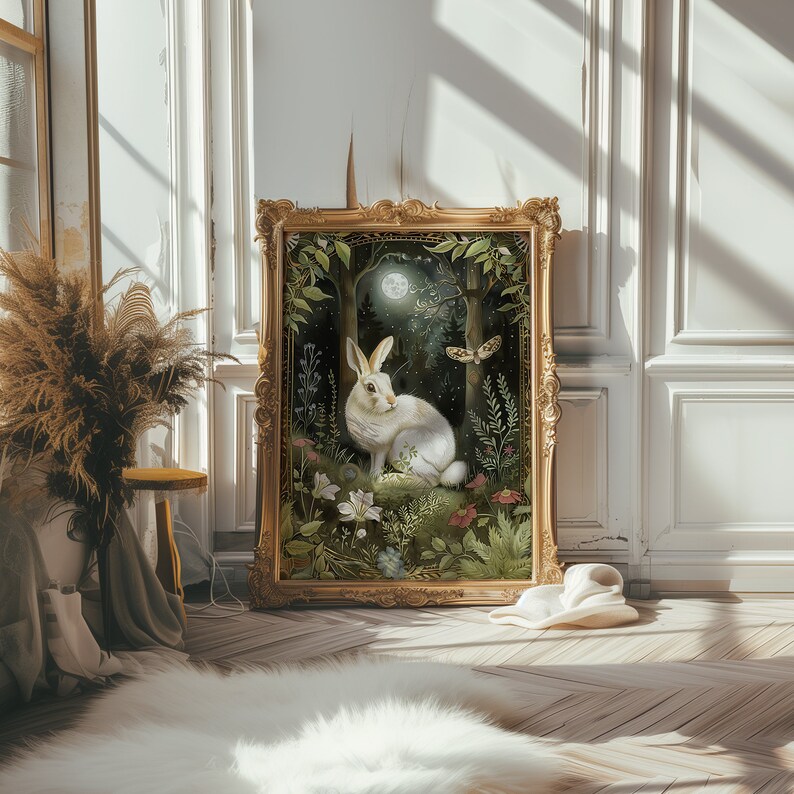 Woodland White Rabbit Cottagecore Print, Forestcore Decor, Printable ...