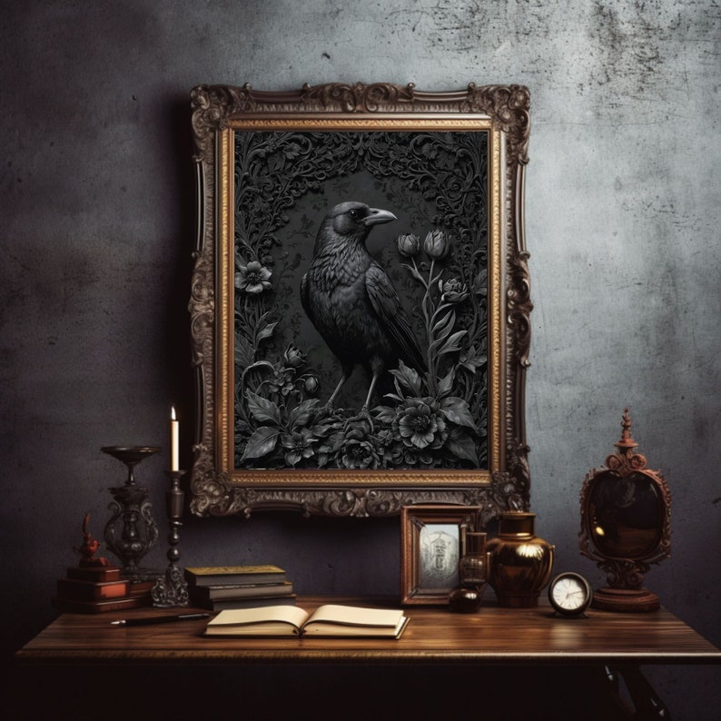 Gothic Black Crow Dark Academia Print, Raven Gothic Wall Decor ...