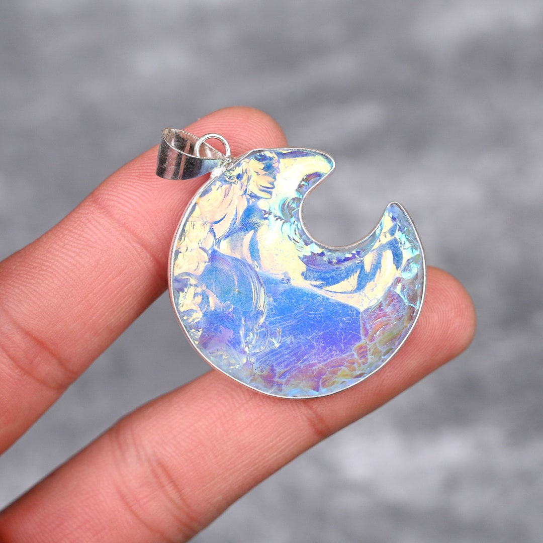 Crescent Moon Pendant Rainbow Aura Shell Pendant 925 Sterling Silver ...