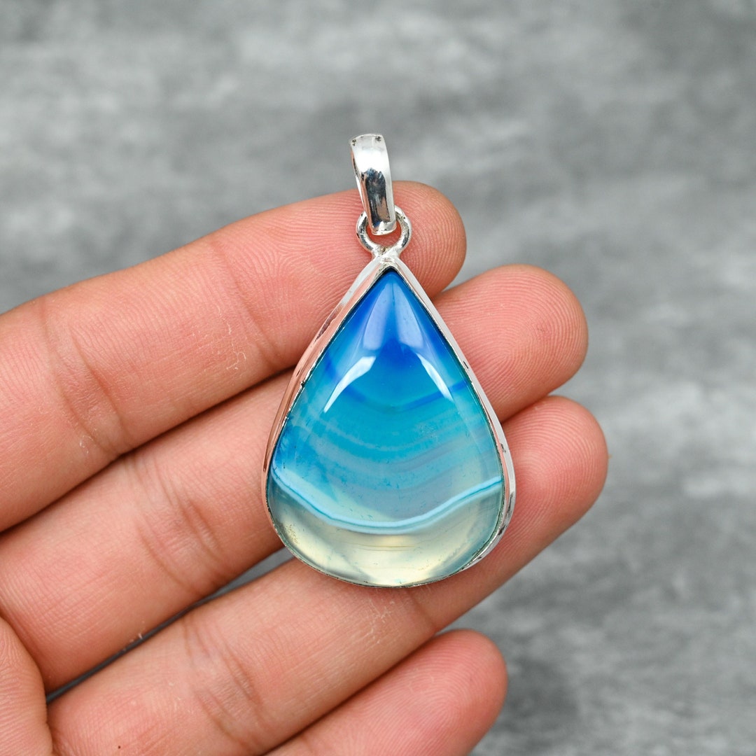 Blue Banded Agate Pendant 925 Sterling Silver Pendant Banded Agate ...