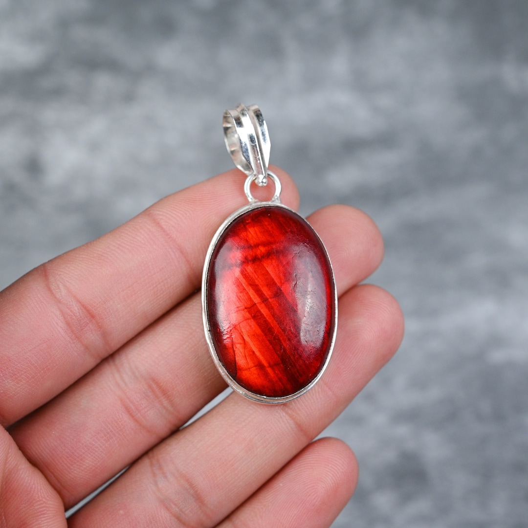 Red Flash Labradorite Pendant 925 Sterling Silver Pendant Labradorite ...