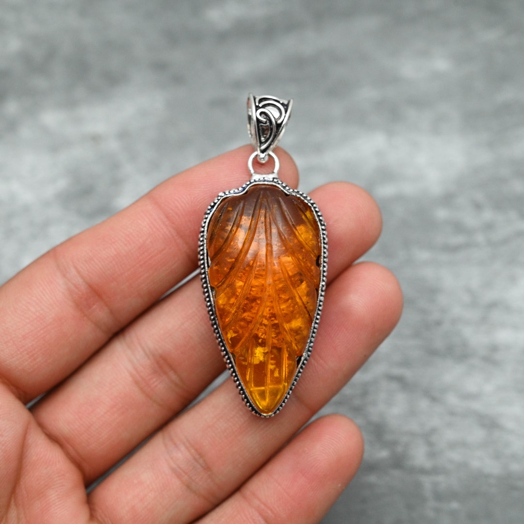 Carved Baltic Amber Pendant 925 Sterling Silver Pendant Beautiful ...
