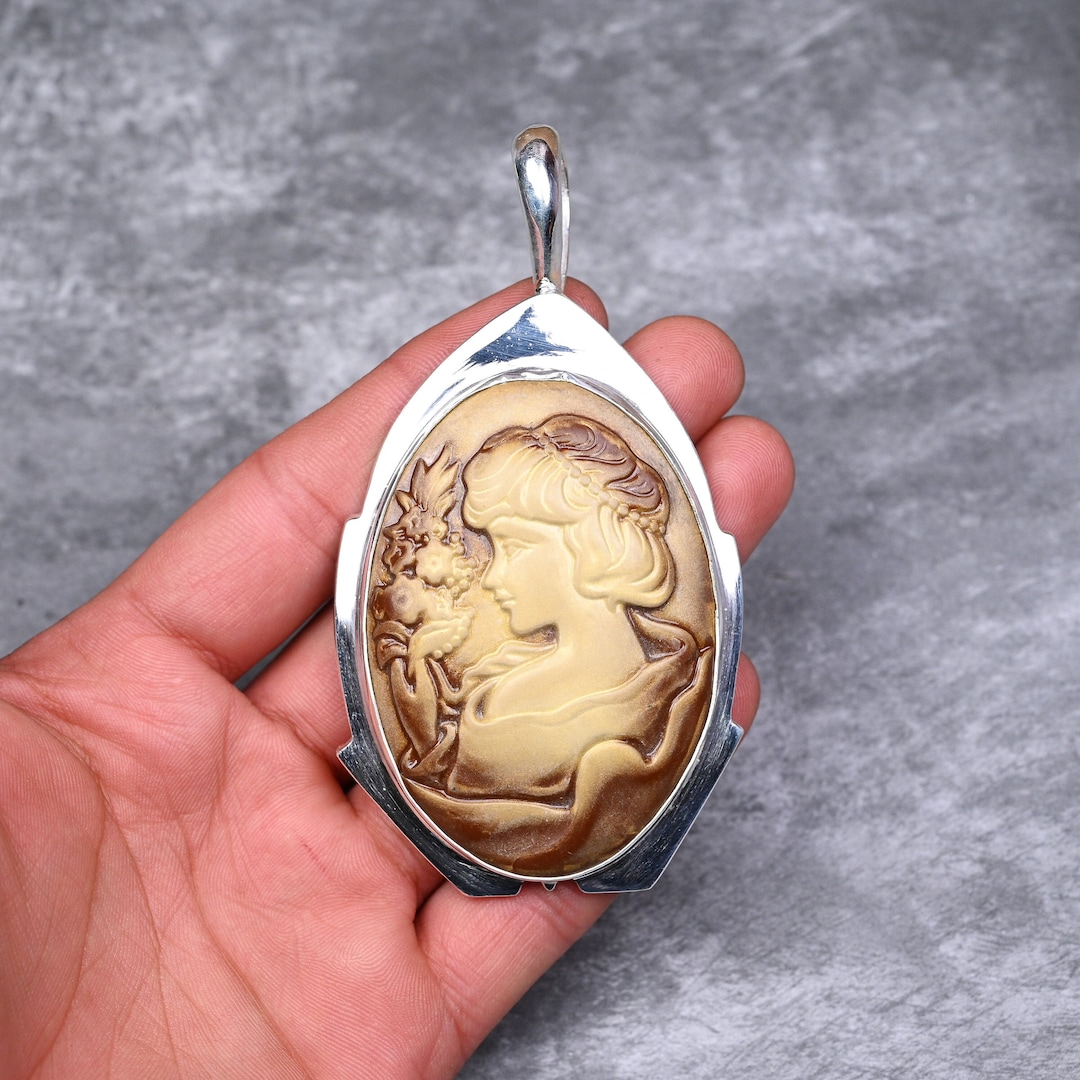 Cameo Lady Carved Face Pendant 925 Sterling Silver Pendant Necklace ...