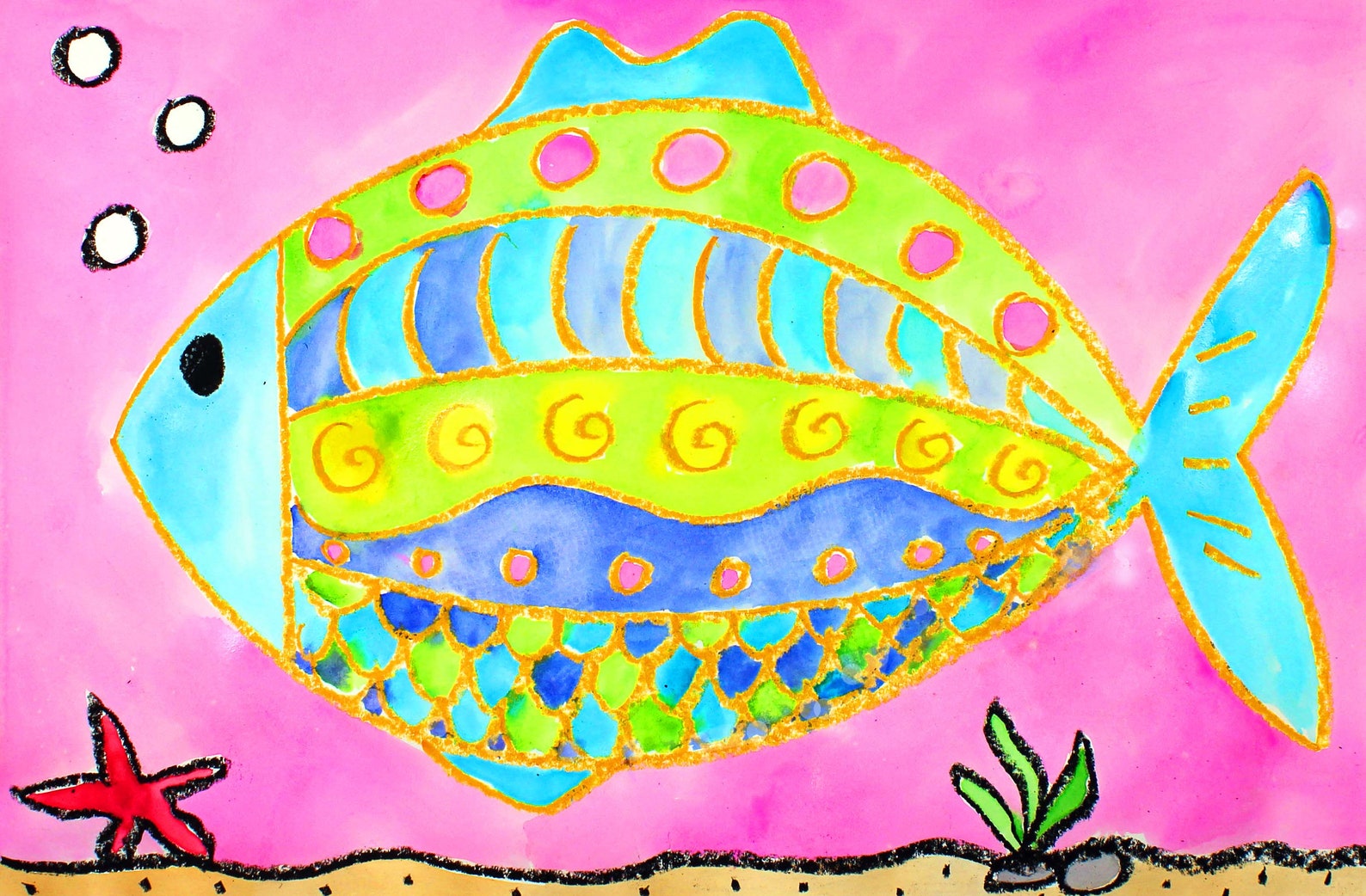 PATTERN FISH Kids Art Lesson Step-by-step Drawing & Watercolor Painting ...