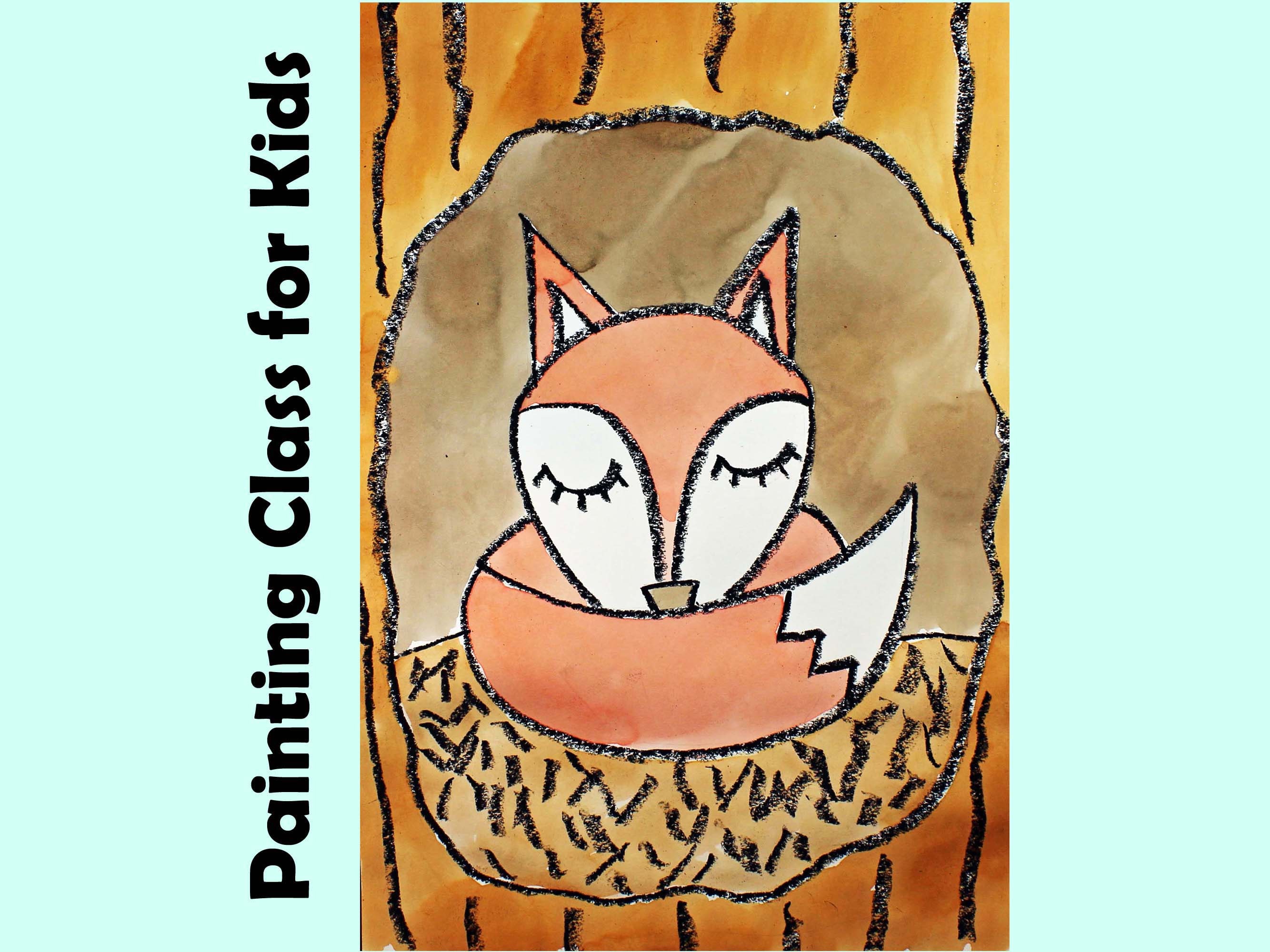 SLEEPING FOX Kids Art Lesson Step-by-step Drawing & Watercolor DIY ...