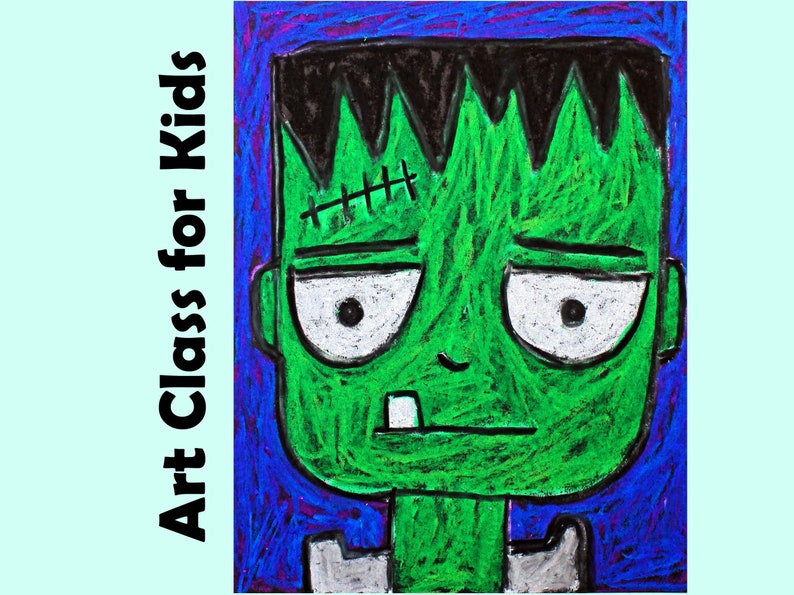 FRANKENSTEIN for HALLOWEEN | Kids Art Lesson Drawing & Oil Pastel ...